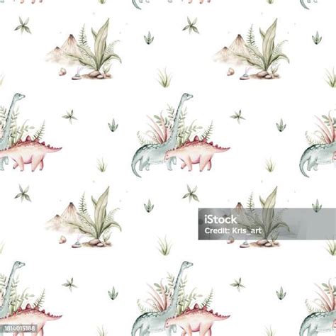 수채화 공룡 원활한 패턴입니다 손으로 그린 귀여운 공룡 열대 야자수 정글 나뭇잎 산 디자인 벽지 스크랩북을 위한 공룡 그림 고대의에 대한 스톡 벡터 아트 및 기타 이미지