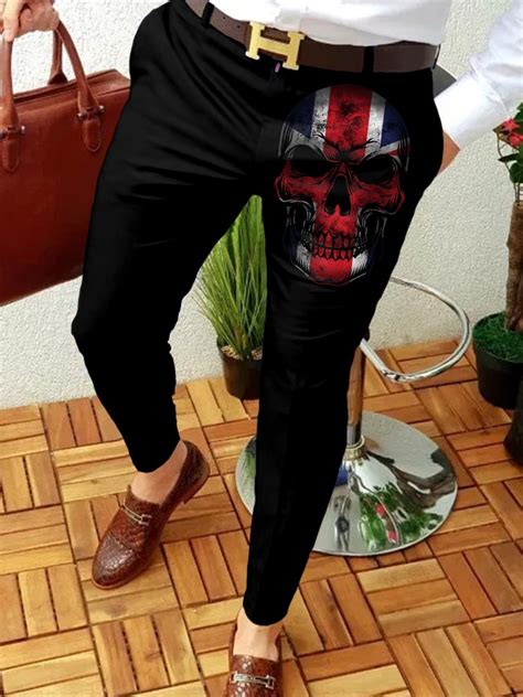 남성용 스트리트 웨어 조깅 펜슬 팬츠 블랙 비즈니스 캐주얼 바지 빈티지 해골 인쇄 긴 판탈롱 옴므 봄 가을 AliExpress