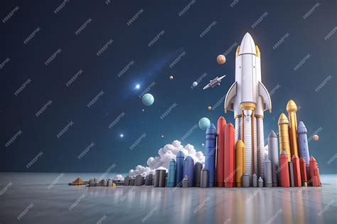 Premium Ai Image 3d Render Business Graph Bar Chart With Flying Space Rocket Concept Space For