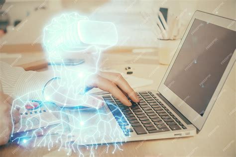 premium photo ar hologram with man working on computer on background augmented reality concept