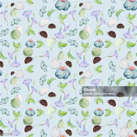 손으로 그린 일본 전통 과자가 있는 수채화 매끄러운 패턴 와가시 떡 여름 꽃 컬러 배경에 격리 초대장 레스토랑 메뉴 인사말 카드