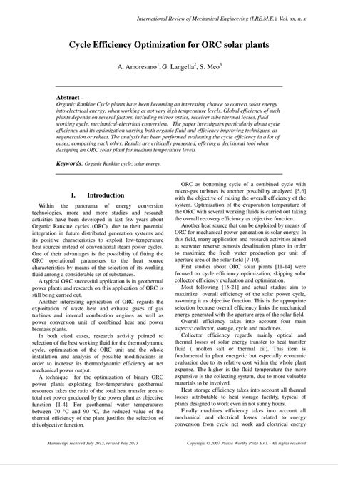 Pdf Cycle Efficiency Optimization For Orc Solar Plants