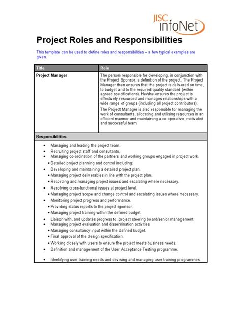 Project Roles And Responsibilities Template