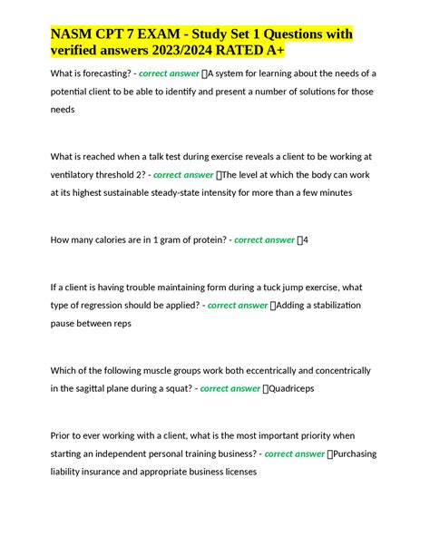 NASM CPT 7 EXAM Study Set 1 Questions With Verified Answers 2023 2024 RATED A Exams Nursing