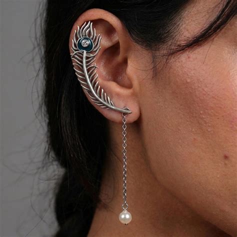Silver Peacock Feather Ear Cuffs • Elegant Blue Enamel Crawler Earrings