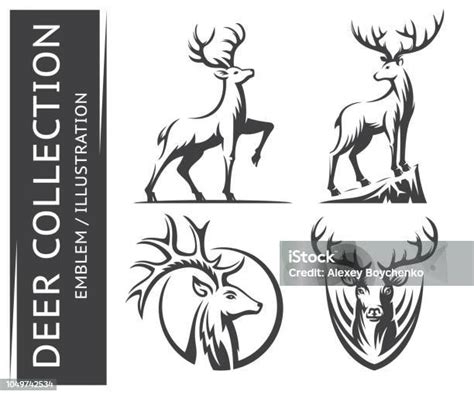 사슴 사슴 컬렉션 엠 블 럼 일러스트 레이 션입니다 흰색 바탕에 숫사슴에 대한 스톡 벡터 아트 및 기타 이미지 숫사슴 사슴 예술 Istock
