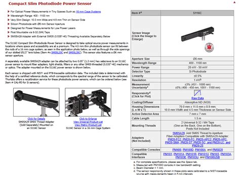 Thorlabs S116c Compact Slim Photodiode Power Sensor 주 비엠레이저솔루션