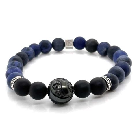 Bracelet Homme Sodalite Agate Noire Perle De Tahiti Gravée M