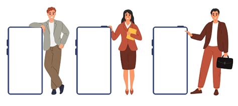 큰 스마트폰을 들고 있는 사업가들 전화기 빈 화면 모바일 터치스크린을 보여주는 사람들 전화 앱 표시 핸드폰 애플리케이션 사업가를 위한 기술 벡터 개념 Brand Name