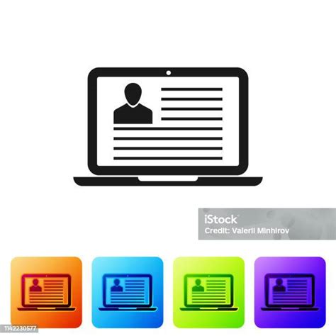 흰색 배경에 고립 된 이력서 아이콘 블랙 노트북 Cv 응용 프로그램입니다 전문 직원을 검색 합니다 직원 이력서 분석 색상 사각형 버튼에 아이콘을 설정 합니다 벡터 일러스트