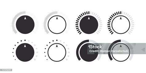 컨트롤 노브 볼륨 레벨 핸들 원형 스케일 및 원형 컨트롤러가있는 회전식 다이얼 벡터 그림 부피에 대한 스톡 벡터 아트 및 기타