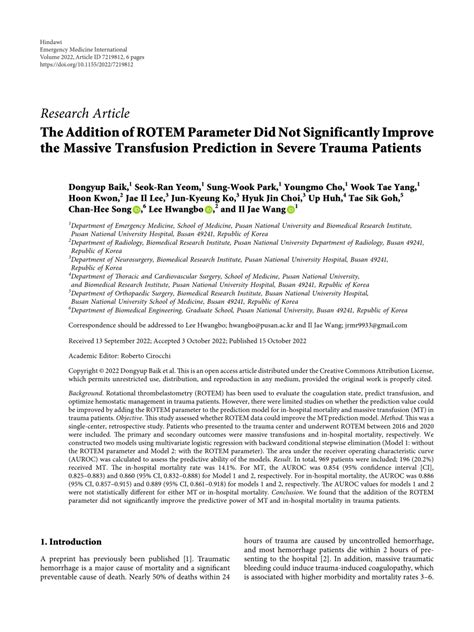 Pdf The Addition Of Rotem Parameter Did Not Significantly Improve The Massive Transfusion