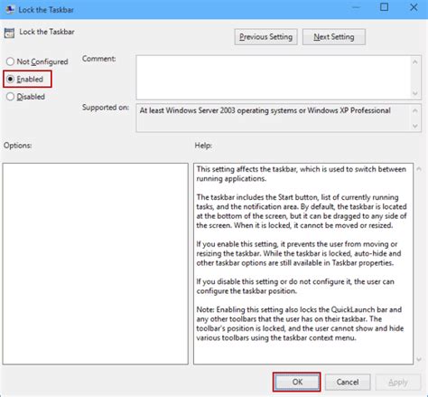 Disable Lock The Taskbar Setting In Windows 10