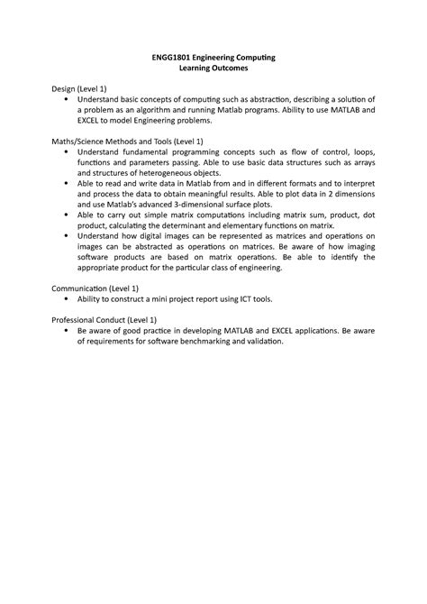 Engg1801 Engineering Computing Learning Outcomes Engg1801 Engineering Computing Learning