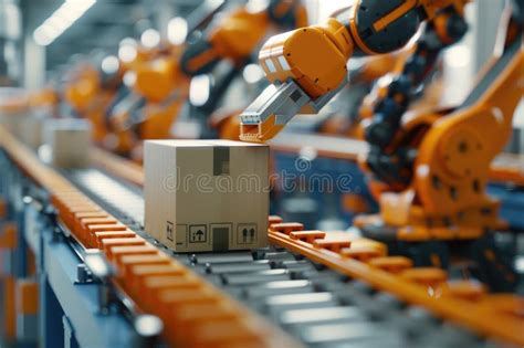 Automated Conveyor Systems Orange Robotic Arms In A Smart Factory Industry 4 Stock