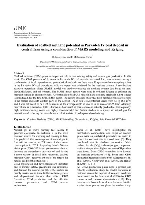 Pdf Evaluation Of Coalbed Methane Potential In Parvadeh Iv Coal