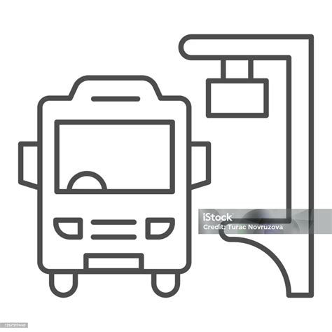 버스 정류장 씬 라인 아이콘 대중 교통 개념 흰색 배경에 정지 표지판에서 버스의 실루엣 모바일 개념과 웹 디자인을위한 윤곽 스타일의 버스 정류장 아이콘 벡터 그래픽 대기에