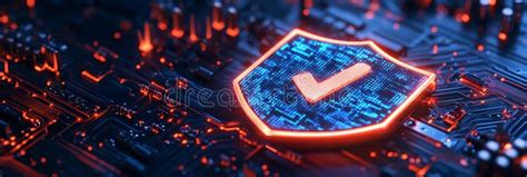 A Glowing Blue Shield With A Checkmark Symbol Sits On A Circuit Board Representing Digital
