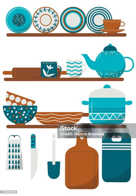 아늑한 평면 주방 용품 삽화 주방 용품 조리 용품 요리 장비 컵 접시 그릇 칼 식기 냄비 스톡 벡터 일러스트 Eps 10 가정 생활에 대한 스톡 벡터 아트 및 기타 이미지