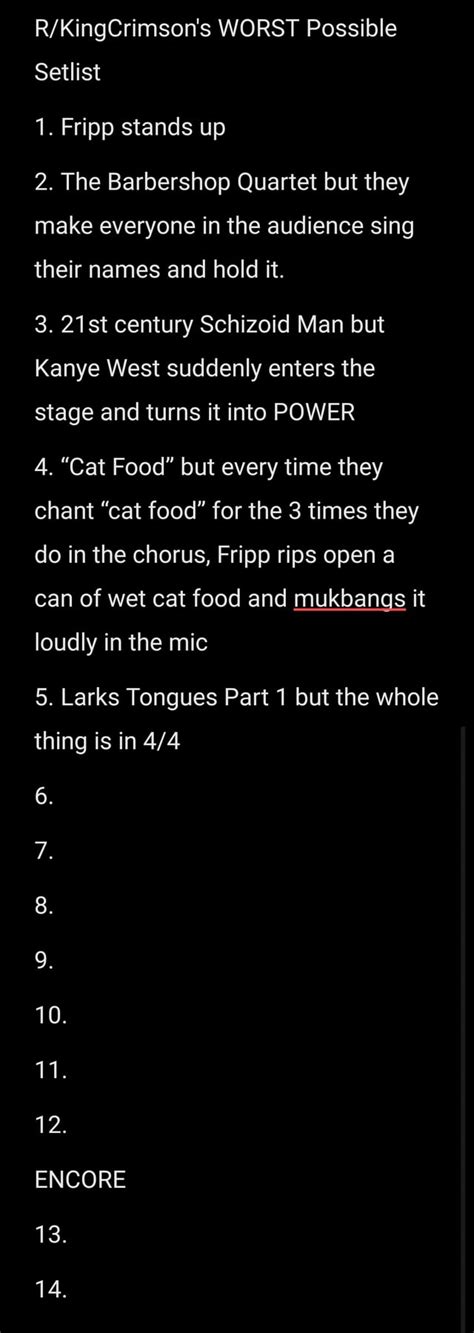 R Kingcrimsons Worst Possible Setlist Day 6 The Most Upvoted