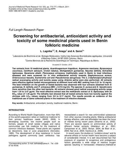 Pdf Screening For Antibacterial Antioxidant Activity And Toxicity Of Some Medicinal Plants