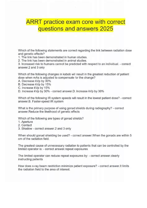 Arrt Practice Exam Core With Correct Questions And Answers 2025 Arrt Stuvia Us