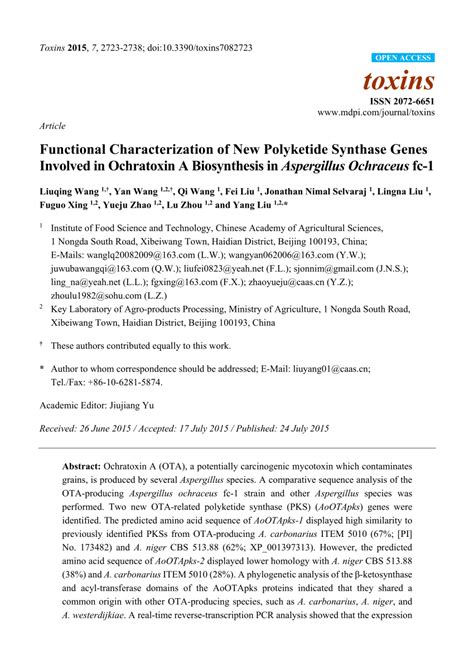 Pdf Functional Characterization Of New Polyketide Synthase Genes Involved In Ochratoxin A