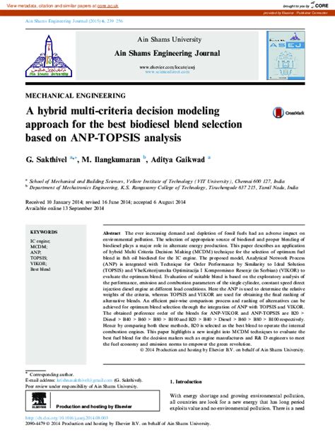 Pdf A Hybrid Multi Criteria Decision Modeling Approach For The Best Biodiesel Blend Selection