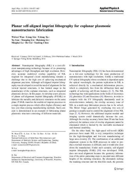 Pdf Planar Self Aligned Imprint Lithography For Coplanar Plasmonic Nanostructures Fabrication