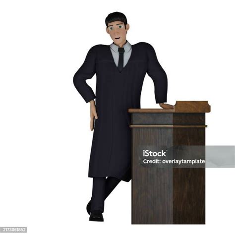 3d 남성 사법 전문가 남자 판사는 나무 설교단 뒤에 서서 왼손은 나무 설교단에 대고 오른손은 허리에 얹습니다 일러스트 캐릭터 경찰관에 대한 스톡 사진 및 기타 이미지