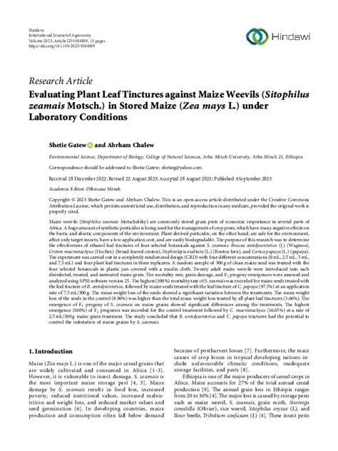 Pdf Evaluating Plant Leaf Tinctures Against Maize Weevils Sitophilus Zeamais Motsch In