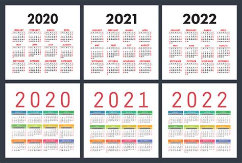 달력 2020 2021 2022 년 화려한 세트입니다 포켓 캘린더 주일은 일요일에 시작 됩니다 기본 그리드 0명에 대한 스톡
