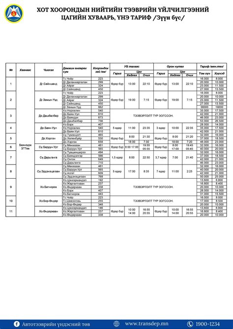 Хот хоорондын нийтийн тээврийн үйлчилгээний цагийн хуваарь үнэ тариф