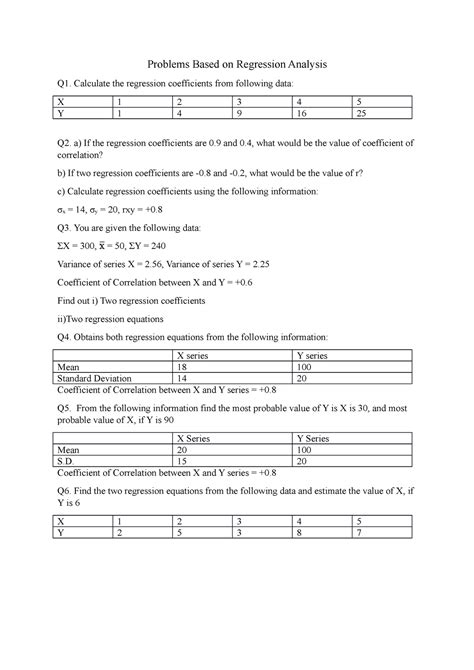 Regression Analysis Question Bank Problems Based On Regression Analysis Q Calculate The