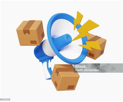 3d 마케팅 홍보 개념입니다 슈퍼 세일 발표 광고 개념입니다 번개 아이콘과 소포 상자가 있는 확성기 3d 그림 Brand Name Smart Phone에 대한 스톡 사진 및