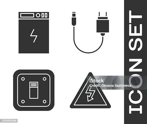 높은 볼륨tage 기호 전원 은행 전등 스위치 및 충전기 아이콘을 설정합니다 벡터 Usb 케이블에 대한 스톡 벡터 아트 및 기타 이미지 Usb 케이블 경계 표지 고압