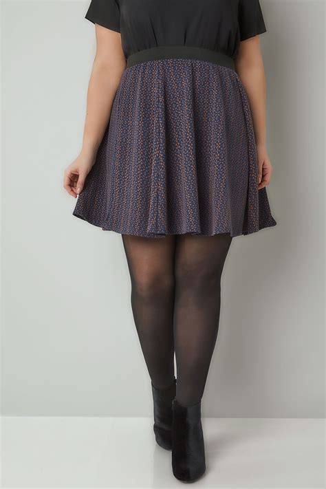 Navy Textured Skater Skirt With Elasticated Waistband Plus Size 16 To 36