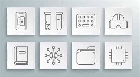세트 라인 사용자 설명서 테스트 튜브 와 플라스크 소셜 네트워크 문서 폴더 마이크로 회로 Cpu프로세서 물집 팩에 알약 가상 현실 안경과 스마트 폰 휴대 전화 아이콘 벡터