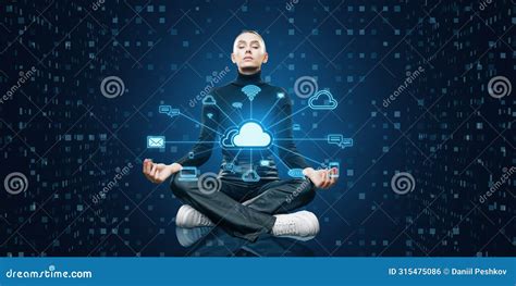 Attractive Meditating Woman With Creative Cloud Computing Hologram With Various Icons Cyber