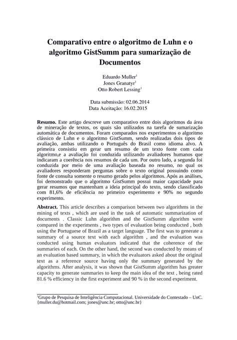 Pdf Comparativo Entre O Algoritmo De Luhn E O Algoritmo Gistsumm Para Sumarização De Documentos