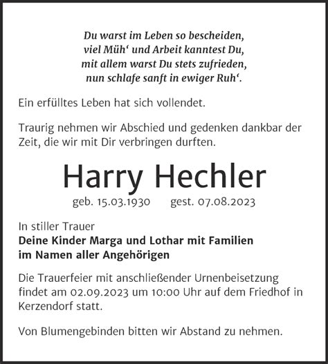 Traueranzeigen Von Harry Hechler Abschied Nehmende