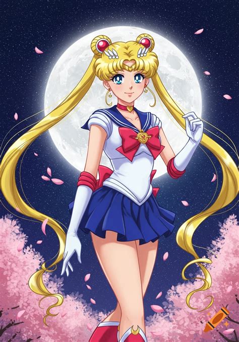 An Anime Illustration Of Sailor Moon Standing In Front Of A Full Moon