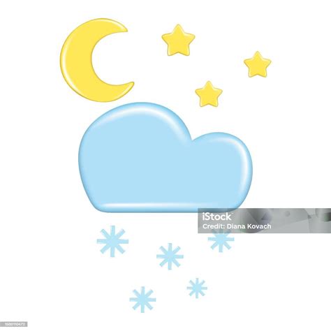 일기 예보 요소 아이콘 기호 기상학의 현실적인 3d 디자인 장식적인 3d 황금 달 별과 푸른 구름 눈 흰색 배경에 분리된 만화 벡터 그림 0명에 대한 스톡 벡터 아트 및