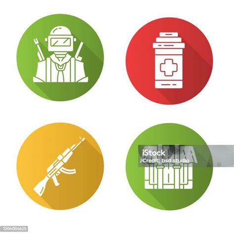 온라인 게임 인벤토리 플랫 디자인 긴 그림자 문표 아이콘 세트 총 진통제 무기 리플 패키지 플레이어 슈팅 게임 장비 항목 배틀 로얄 벡터 실루엣 일러스트레이션 E스포츠에