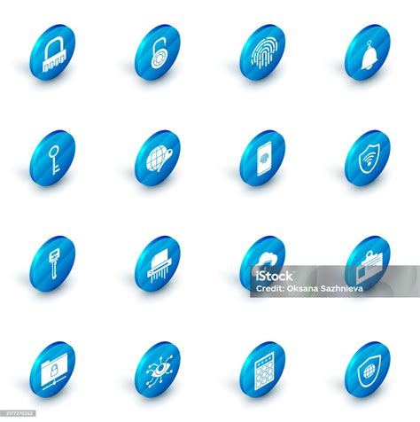 안전 조합 잠금 휠 지문 울리는 벨 키 글로브 키 Wifi 무선 인터넷 네트워크가 있는 방패 및 스마트폰 지문 스캐너 아이콘을 설정합니다 벡터 3차원 형태에 대한 스톡 벡터