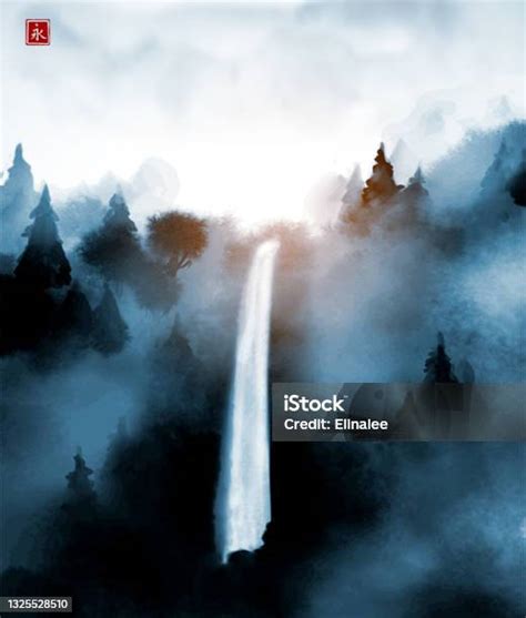 빈티지 스타일의 폭포와 숲 나무가있는 푸른 중국 풍경 전통적인 동양 잉크 페인팅 스미e U죄 고화 잉크 워시 페인팅 상형 문자의 번역 영원 폭포에 대한 스톡 벡터 아트 및