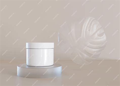 베이지색 배경에 투명한 유리 잎 스킨 케어 제품 프레젠테이션이 있는 연단에 서 있는 흰색 및 빈 상표가 없는 화장품 크림 항아리 우아한 모의 스킨케어 뷰티 및 스파 3d