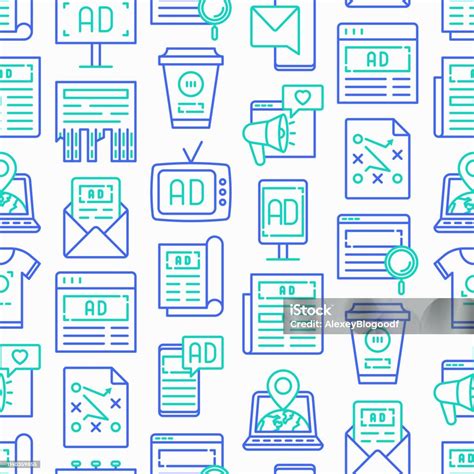 얇은 라인 아이콘 광고 완벽 한 패턴 빌보드 거리 광고 신문 잡지 제품 홍보 이메일 지역 타겟팅 소셜 미디어 전략 사용자 정의 셔츠 벡터 일러스트입니다 간판에 대한 스톡