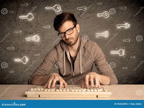Hacker Nerd Guy With Drawn Password Keys Stock Image Image Of Hands