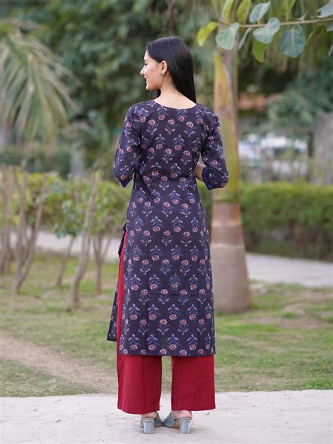 Ajrakh Midnight Blue Floral Block Printed Cotton Kurta Basaka